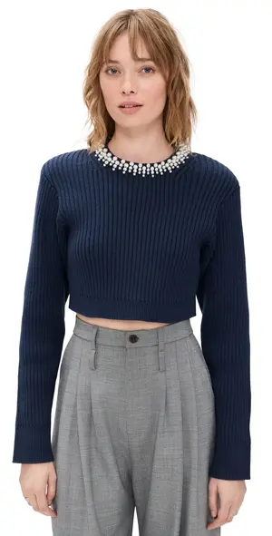 LE BOP Clara Cropped Pullover With Pearl Trim - Navy