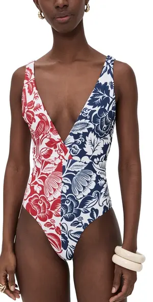 Farm Rio Cashew And Birds One-piece Swimsuit - Cashew And Birds Red And Blue