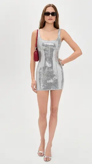 FLEUR DU MAL Sequin Knit Corset Mini Dress - Platinum
