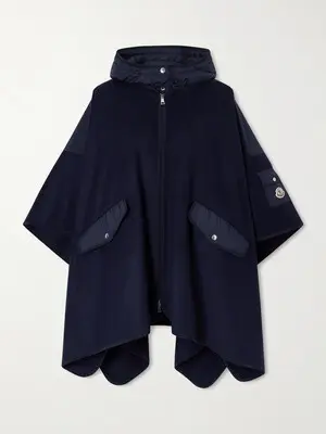 Moncler Hooded Shell-trimmed Wool-blend Cape - Blue