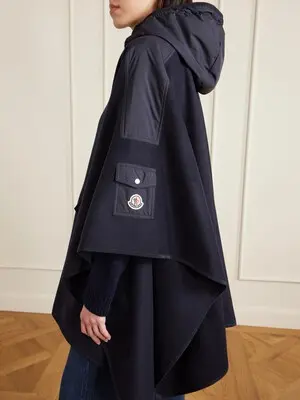 Moncler Hooded Shell-trimmed Wool-blend Cape - Blue
