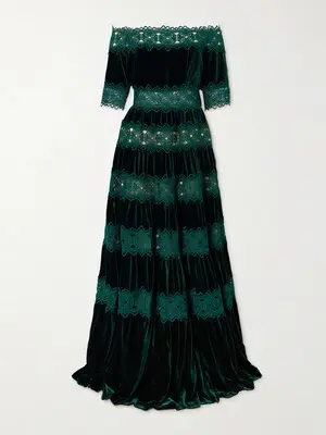 Costarellos Off-the-shoulder Lace And Velvet Gown
