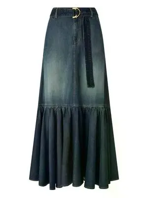 Pinko Belted Ruffled Denim Midi Skirt