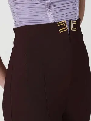Elisabetta Franchi Double Stretch Crêpe High-waisted Trousers With Metallic Logo Detail - Brown