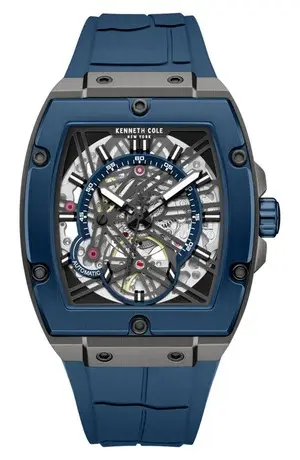 KENNETH COLE Skeleton Tonneau Automatic Silicone Strap Watch - Blue