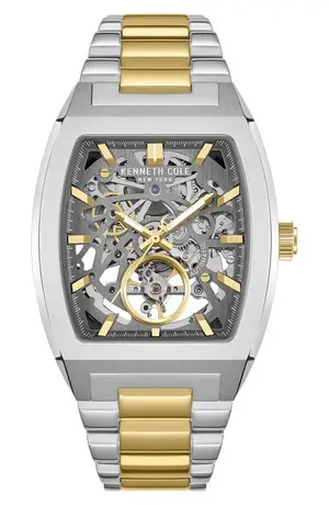 KENNETH COLE The Hollis Tonneau Skeleton Automatic Bracelet Watch - Gold Multi