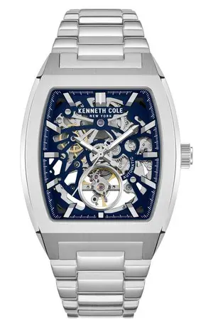 KENNETH COLE The Hollis Tonneau Skeleton Automatic Bracelet Watch - Silver