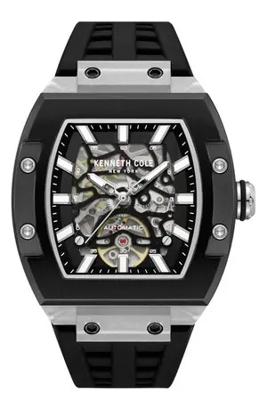 KENNETH COLE Skeleton Tonneau Automatic Strap Watch - Black