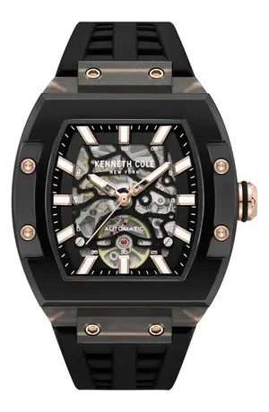 KENNETH COLE Skeleton Tonneau Automatic Strap Watch - Black/rose Gold
