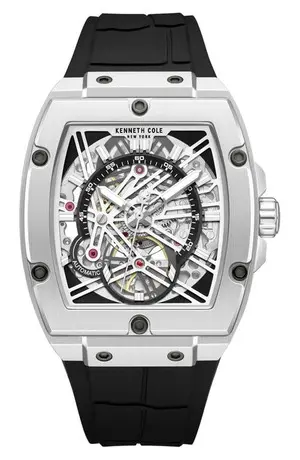 KENNETH COLE Skeleton Tonneau Automatic Strap Watch - Black/silver