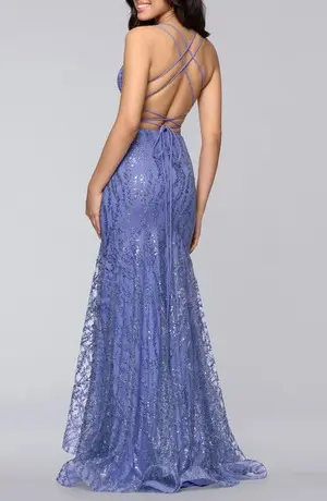 BLONDIE NITES Sequin Illusion Bodice Mermaid Gown - Periwinkle