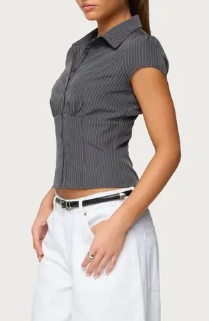 EDIKTED Juney Pinstripe Crop Button-up Shirt - Gray