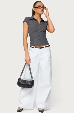 EDIKTED Juney Pinstripe Crop Button-up Shirt - Gray