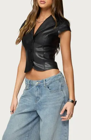 EDIKTED Tailored Faux Leather Button-up Shirt
