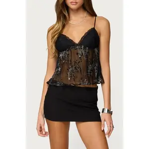 EDIKTED Sequin Sheer Mesh Crop Top