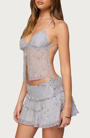 EDIKTED Kylie Beaded Split Front Top