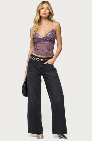 EDIKTED Sequin Layered Cowl Neck Lace Camisole