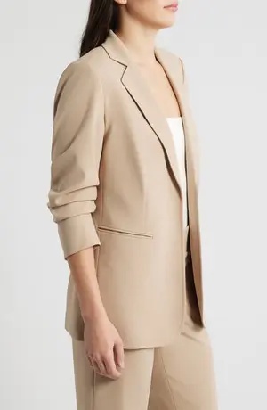 Anne Klein Scrunch Sleeve Open Front Jacket - Latte