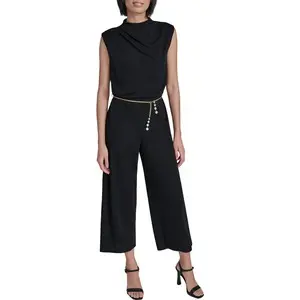 Karl Lagerfeld Jersey Jumpsuit With Faux Pearl Chain Belt - Black