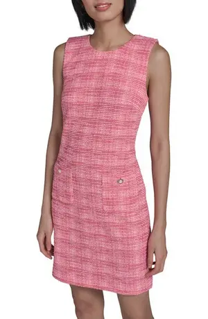 Karl Lagerfeld Metallic Tweed Shift Minidress - Hot Pink Soft White