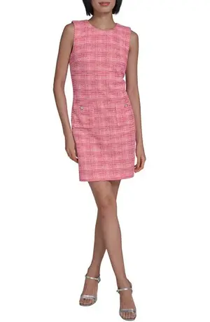Karl Lagerfeld Metallic Tweed Shift Minidress - Hot Pink Soft White