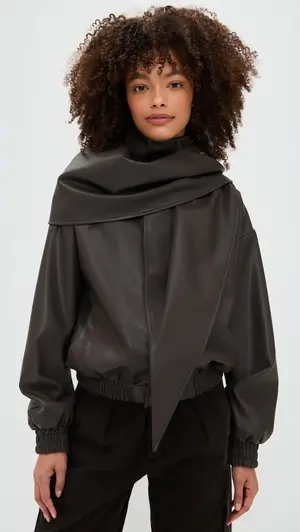 Pixie Market Faux Leather Bomber Jacket With Scarf