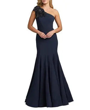 Mac Duggal Petite Crepe One Shoulder Gown With Flower Detail Midnight