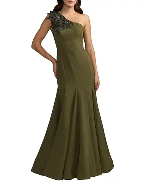 Mac Duggal Mac Duggal Petite One Shoulder Trumpet Gown With Embellished Flower Detail Olive