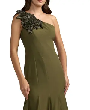Mac Duggal Petite One Shoulder Trumpet Gown With Embellished Flower Detail - Olive