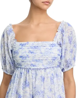 Aqua Floral Toile Puff Sleeve Mini Dress