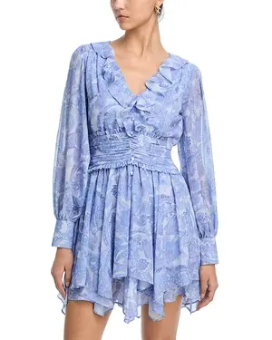 Aqua Paisley Long Sleeve Gathered Mini Dress - Blue Multi