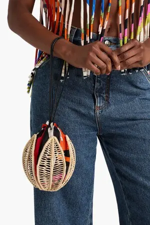 Emilio Pucci Printed Twill And Straw Bucket Bag