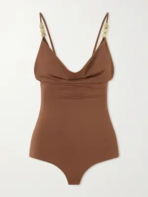 Magda Butrym Embellished Cowl Neck Swimsuit - Brown