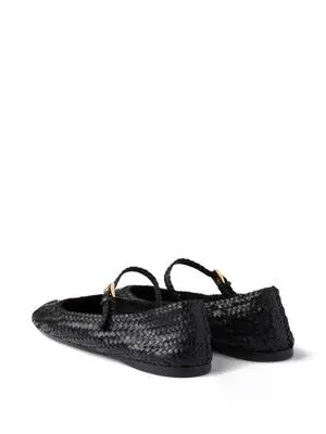 Prada Woven Leather Ballet Flats With Buckle Detail - Black