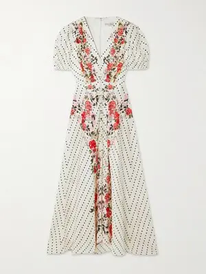 Saloni Lea Polka-dot Floral-print Silk-jacquard Midi Dress - Neutrals