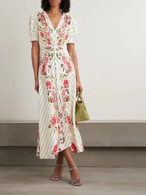 Saloni Lea Polka-dot Floral-print Silk-jacquard Midi Dress - Neutrals
