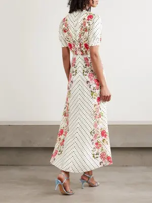 Saloni Lea Polka-dot Floral-print Silk-jacquard Midi Dress - Neutrals