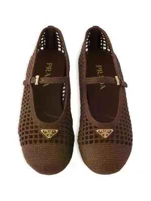 Prada Crochet Knit Ballet Flats With Enamel Triangle Logo - Brown