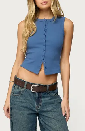 EDIKTED Basel Ribbed Button-up Crop Top - Navy