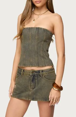 EDIKTED Camelia Strapless Denim Top - Brown-washed