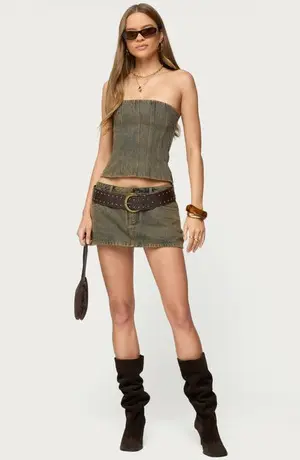 EDIKTED Camelia Strapless Denim Top - Brown-washed