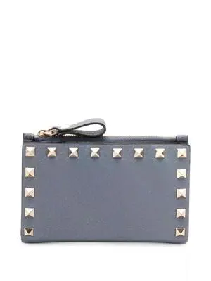 Valentino Garavani Rockstud Grainy Calfskin Cardholder With Zip - Grey