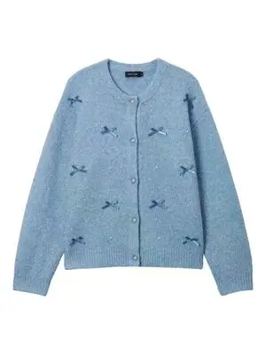 TOUT A COUP Bow-embellished Knitted Cardigan - Blue