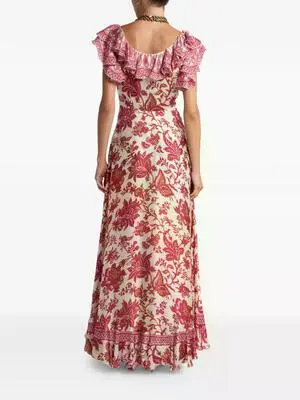 Etro Peau D'ange Silk Long Dress With Floral Motif - Neutrals