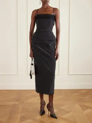 Magda Butrym Draped Lace-trimmed Silk-satin Midi Dress