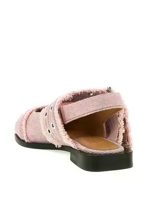 GANNI Buckle Fringed Denim Flat Pumps