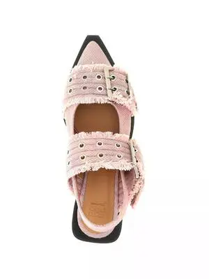 GANNI Buckle Fringed Denim Flat Pumps