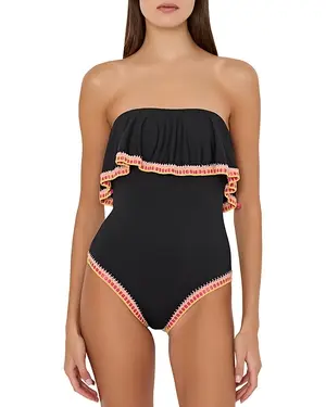 MILLY Strapless Crochet Ruffle One Piece Swimsuit - Black Multi