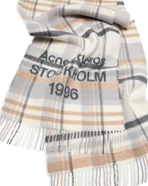 Acne Studios Wool Blend Check Logo Scarf - White/beige