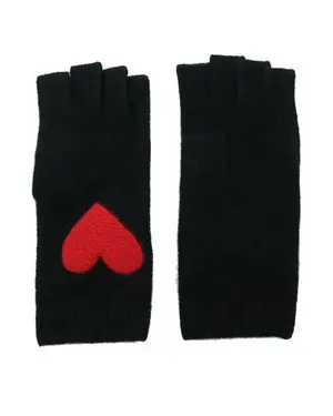 Portolano Cashmere Fingerless Gloves With Heart Patch - Black/cherry Red